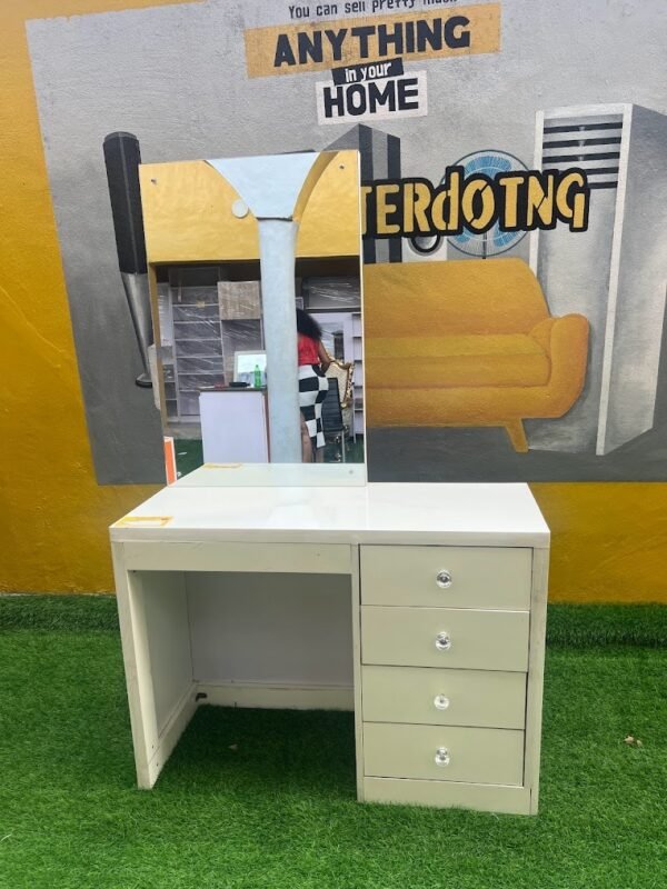 NEATLY USED WHITE GLOSSY DRESSING TABLE WITH MIRROR AND STOOL ...